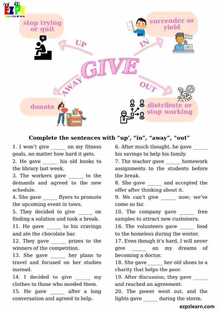 Phrasal Verbs with “Give” – 20 Sentence Worksheet | ESL Printable PDF - Ezpzlearn.com